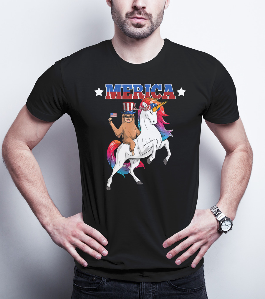 Merica Sloth Riding Patriotic Unicorn With USA American Flag T-Shirt