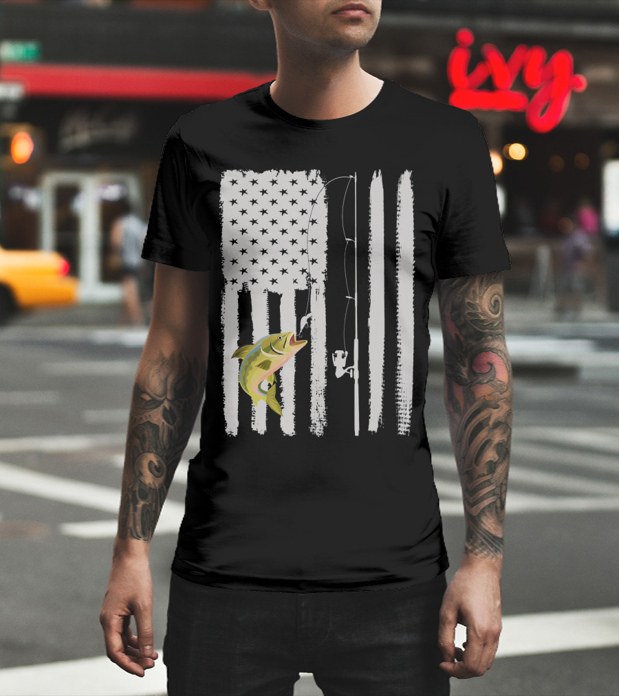 American Flag Fishing Pole With Fish USA Patriotic T-Shirt