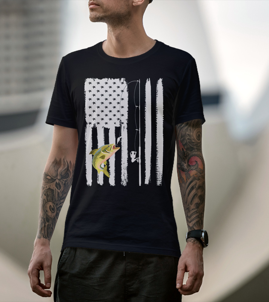 American Flag Fishing Pole With Fish USA Patriotic T-Shirt
