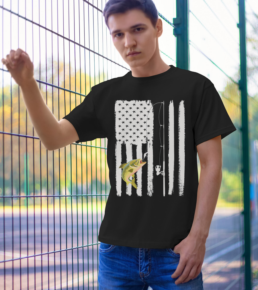 American Flag Fishing Pole With Fish USA Patriotic T-Shirt