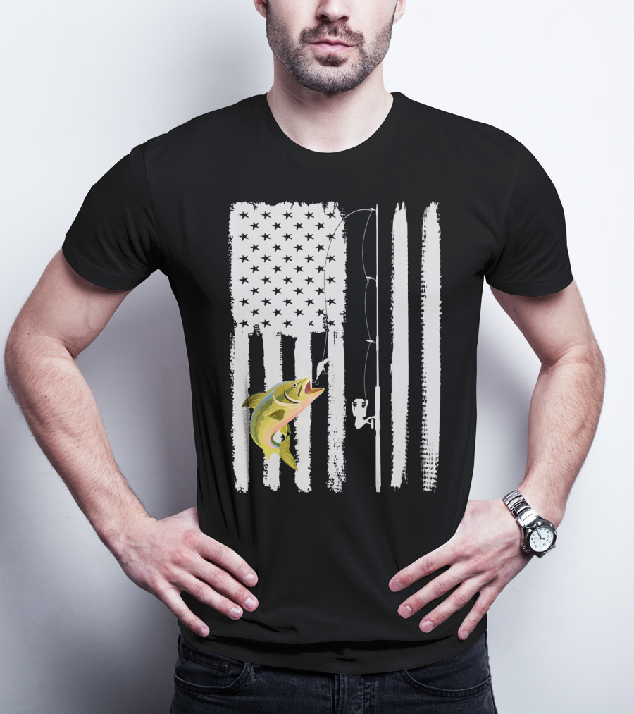American Flag Fishing Pole With Fish USA Patriotic T-Shirt