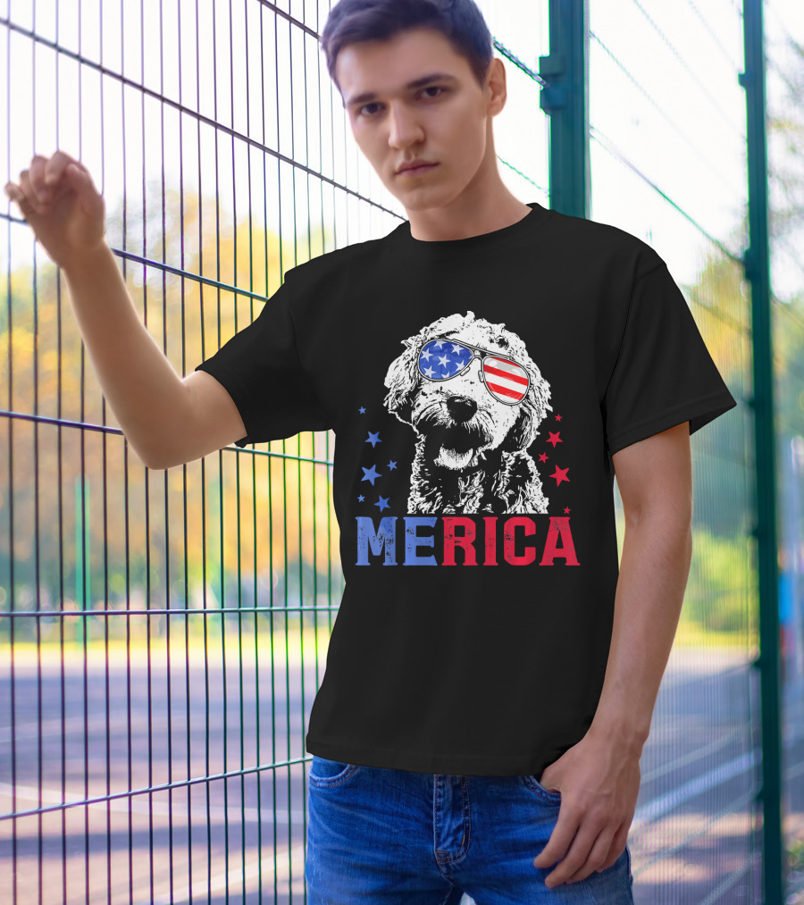 Merica Goldendoodle USA Flag Sunglasses Patriotic Stars T-Shirt