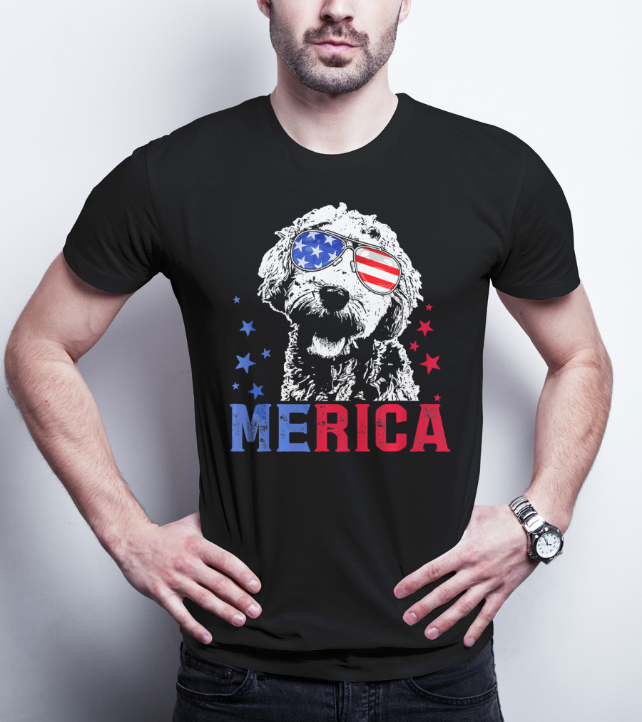 Merica Goldendoodle USA Flag Sunglasses Patriotic Stars T-Shirt