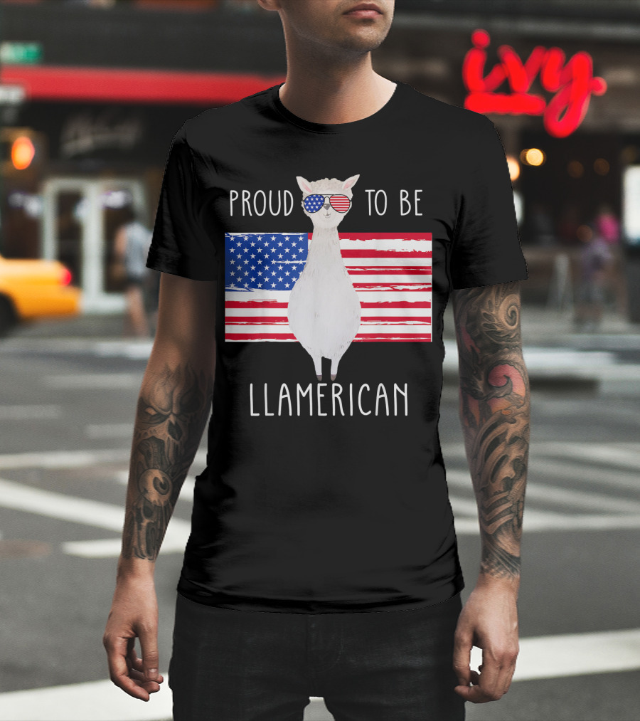 Proud To Be Llamerican Funny Llama With American Flag Sunglasses T-Shirt