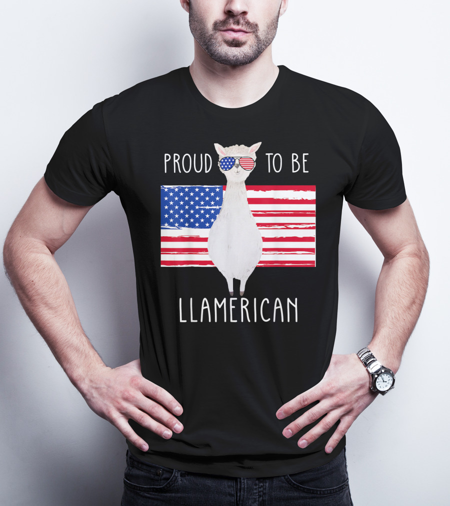 Proud To Be Llamerican Funny Llama With American Flag Sunglasses T-Shirt
