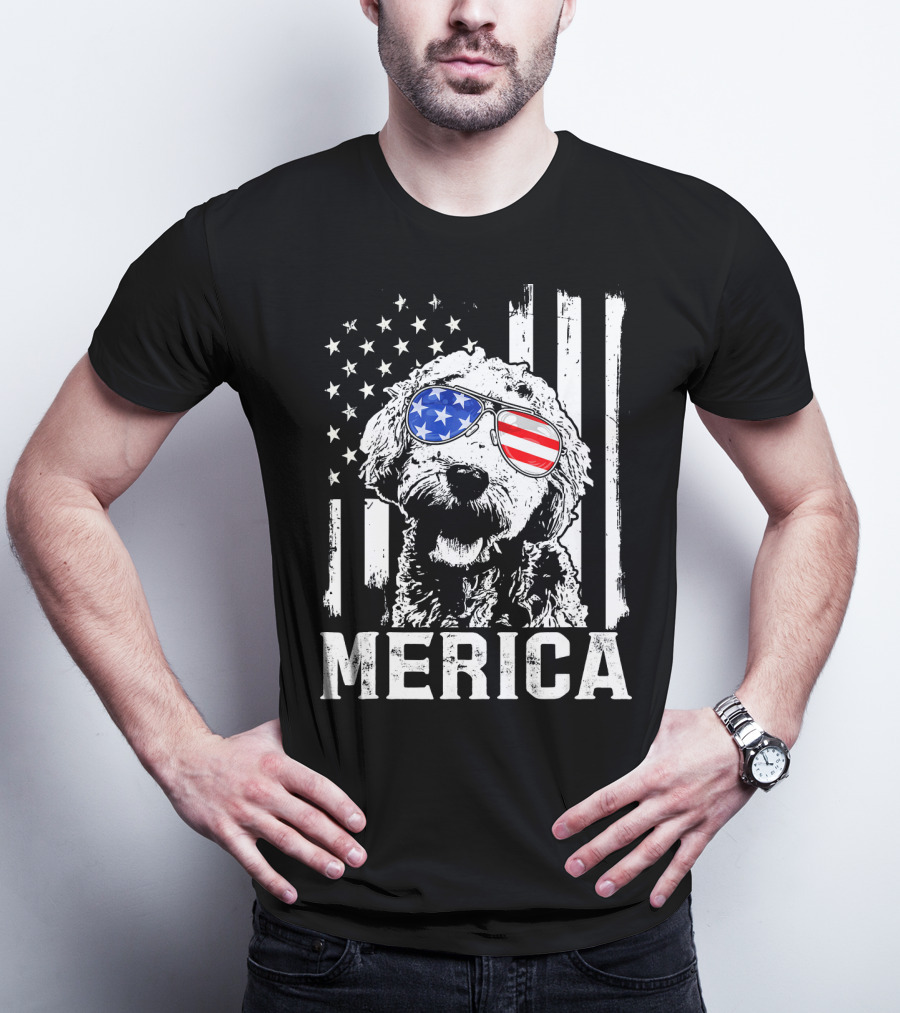Merica Goldendoodle With American Flag Sunglasses And Stripes T-Shirt