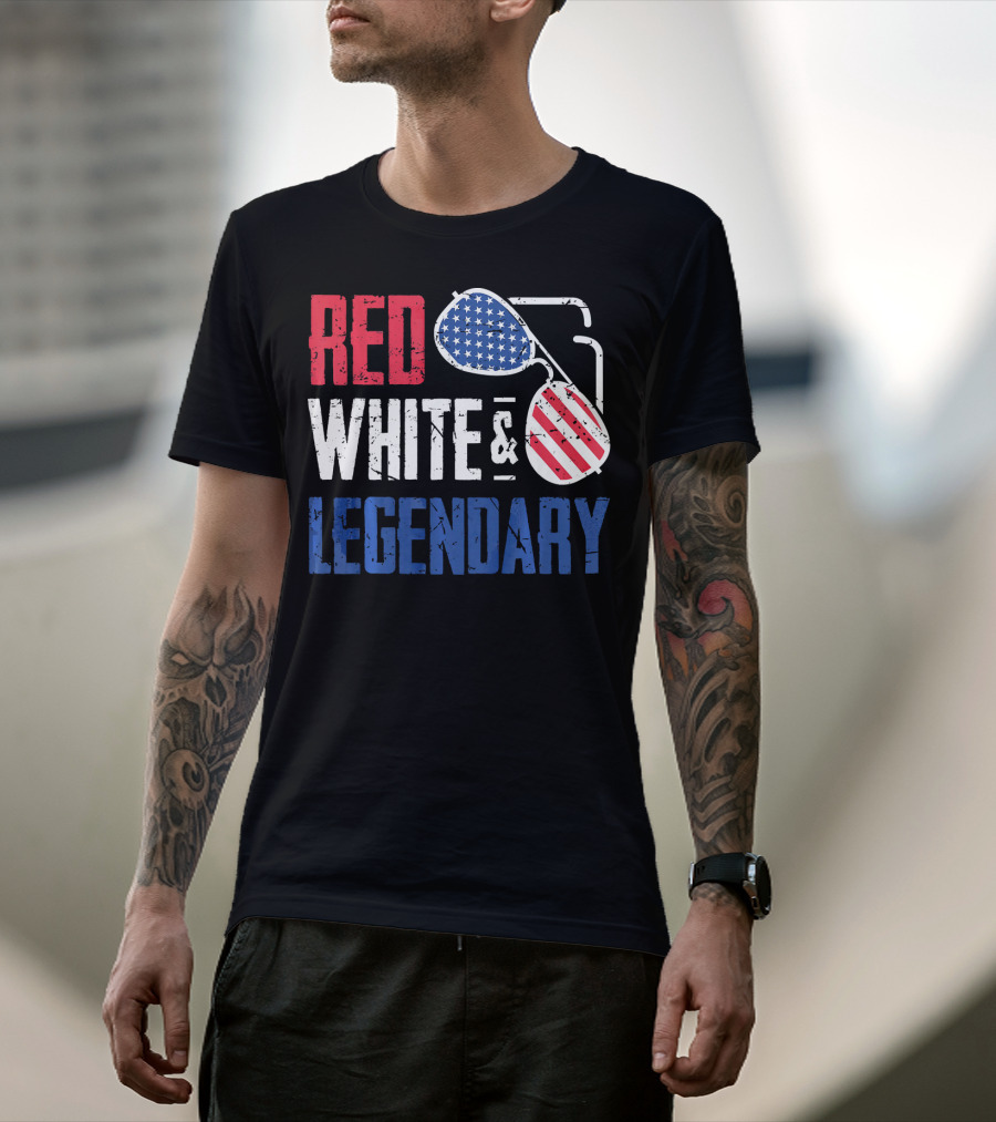 Red White And Legendary American Sunglasses USA Flag T-Shirt