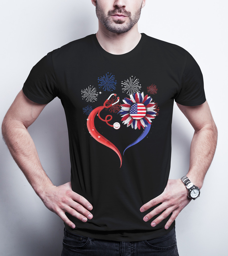 Heart Shaped Red Stethoscope Sunflower With USA Flag And Fireworks T-Shirt