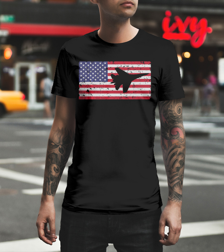American Flag Jet Silhouette Patriotic Airplane T-Shirt
