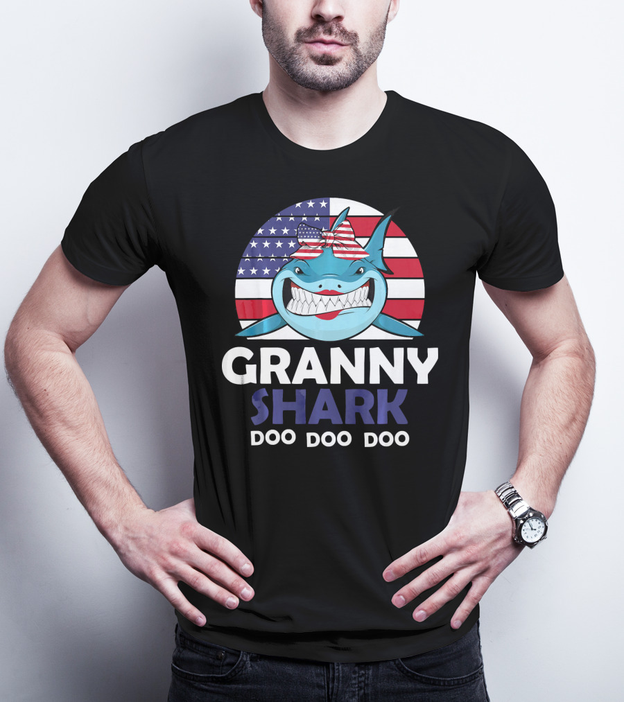 Granny Shark Doo Doo Doo American Flag Bow Women's Patriotic T-Shirt