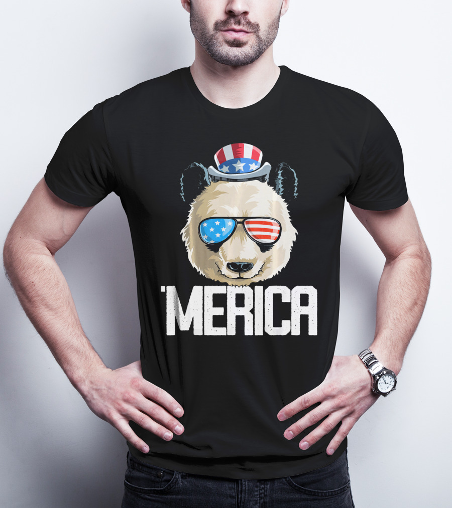 'Merica Panda With Patriotic Sunglasses And Uncle Sam Hat T-Shirt