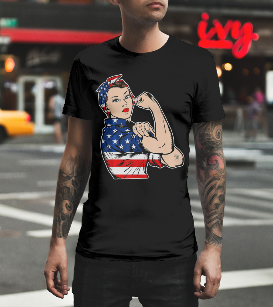 USA Flag Rosie The Riveter Bandana Feminist T-Shirt