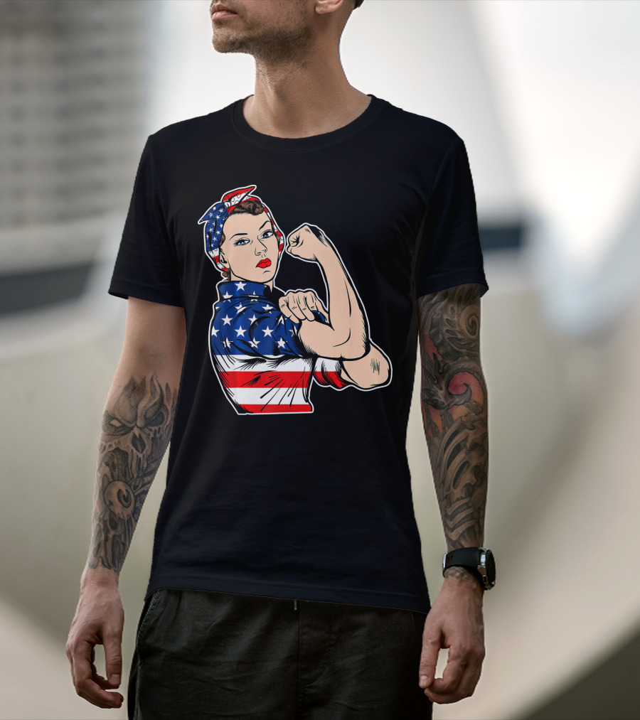 USA Flag Rosie The Riveter Bandana Feminist T-Shirt