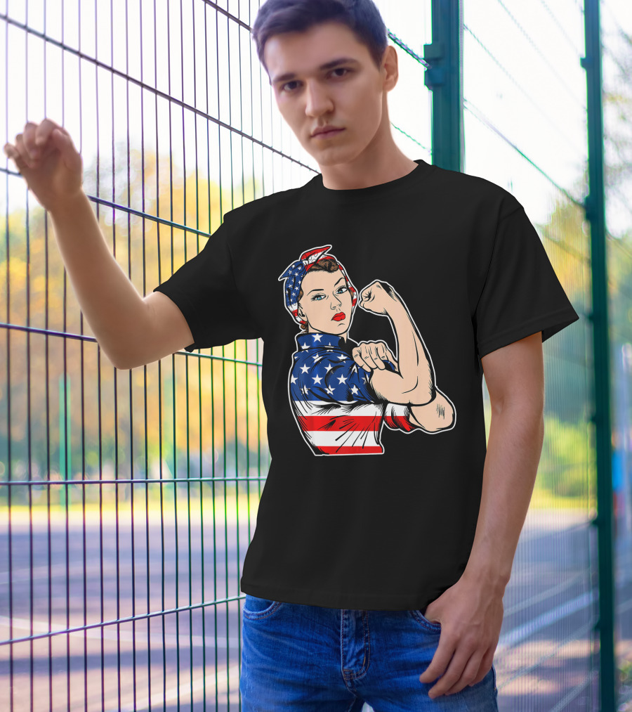 USA Flag Rosie The Riveter Bandana Feminist T-Shirt