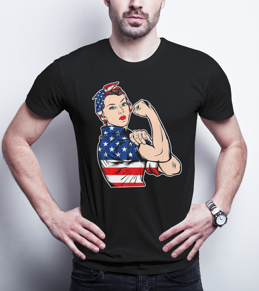 USA Flag Rosie The Riveter Bandana Feminist T-Shirt
