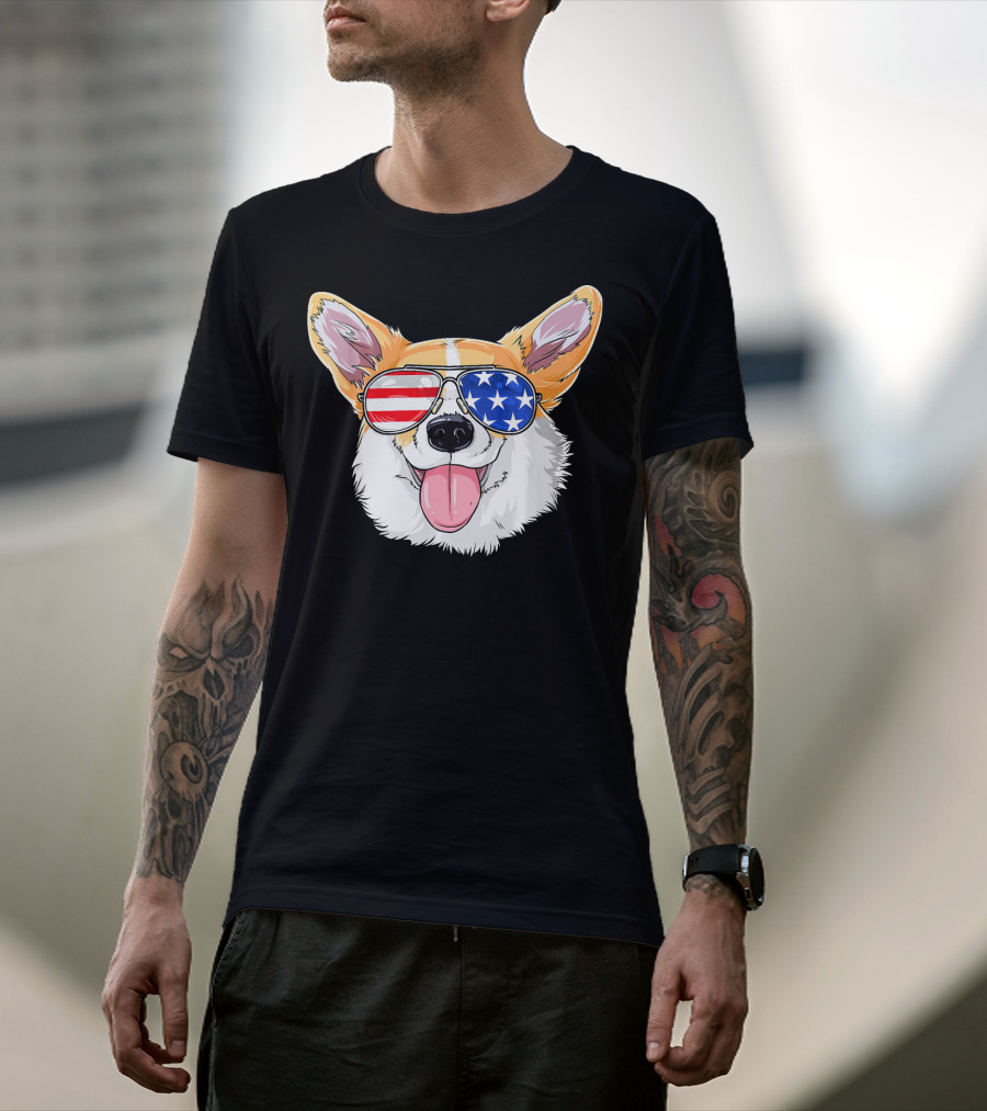Patriotic Corgi With American Flag Sunglasses T-Shirt