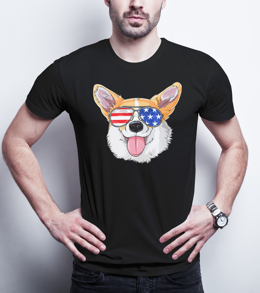 Patriotic Corgi With American Flag Sunglasses T-Shirt