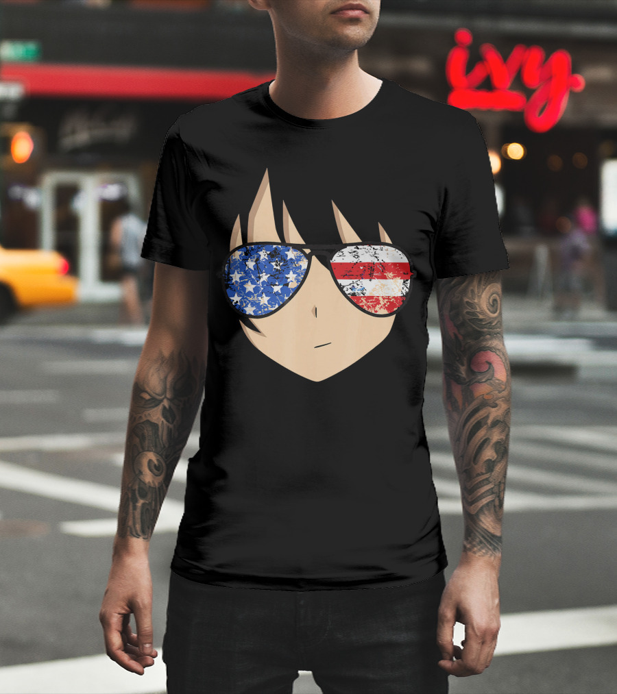 American Anime Face With Stars And Stripes USA Sunglasses T-Shirt