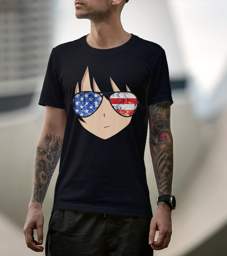 American Anime Face With Stars And Stripes USA Sunglasses T-Shirt