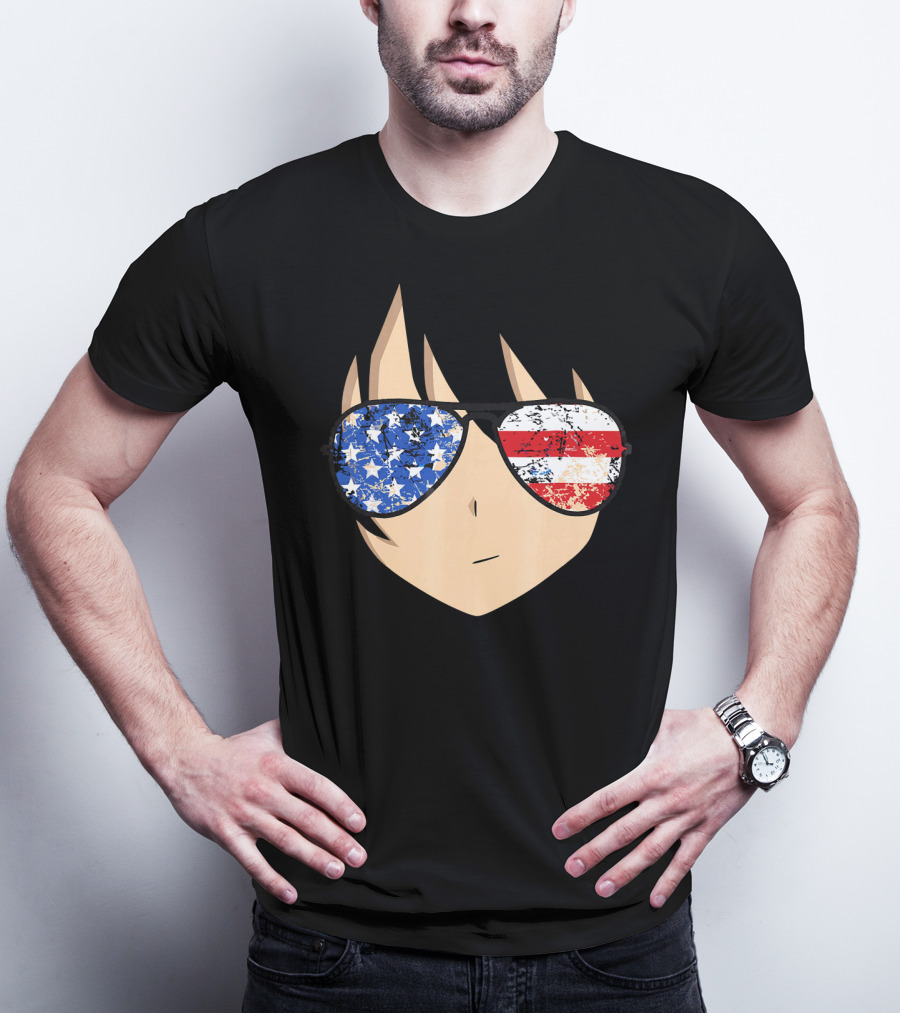 American Anime Face With Stars And Stripes USA Sunglasses T-Shirt