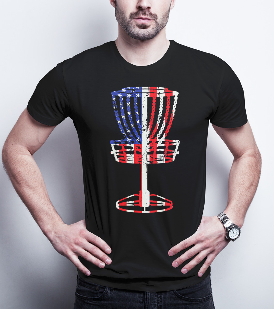 Patriotic USA Disc Golf Basket American Flag Frisbee Golfing T-Shirt