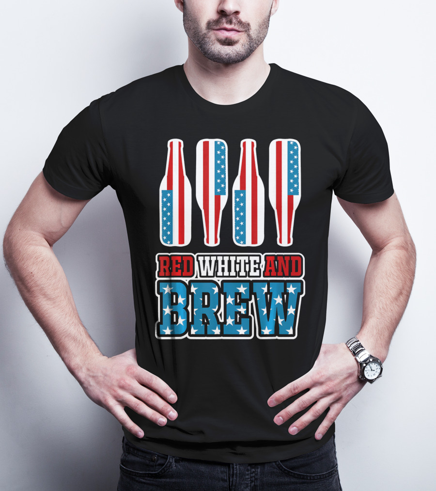 Red White And Brew American Flag Beer Bottles T-Shirt
