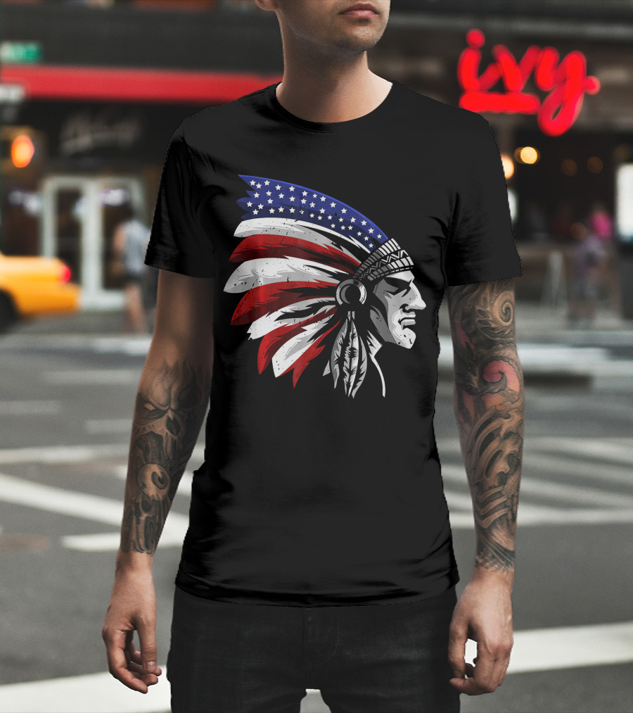 Native American Indian Chief Patriotic Headdress T-Shirt