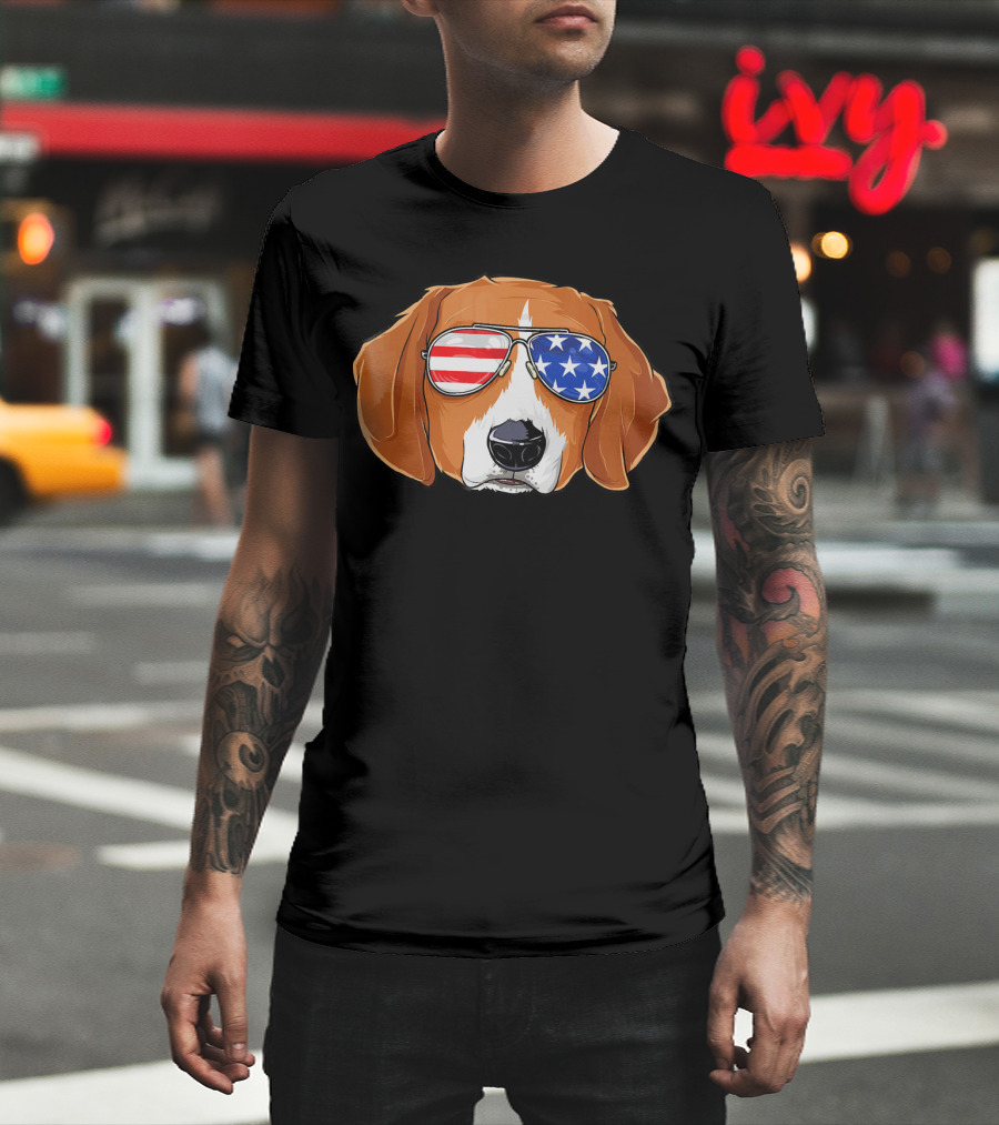 Beagle Wearing American Flag Sunglasses With Patriotic T-Shirt