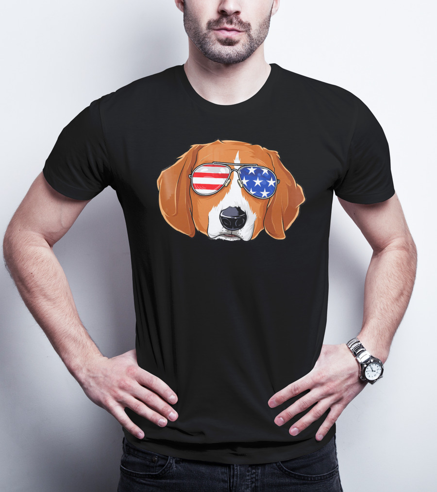 Beagle Wearing American Flag Sunglasses With Patriotic T-Shirt
