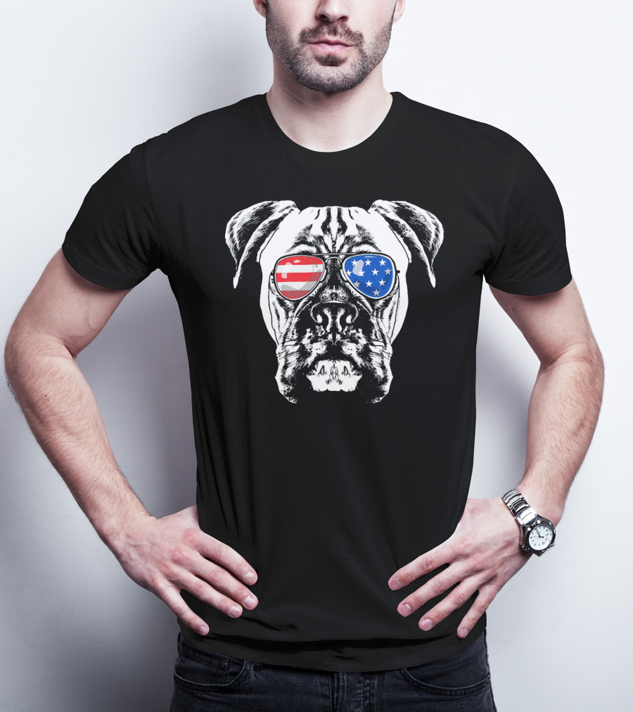 Boxer Dog American Flag Sunglasses Patriotic T-Shirt