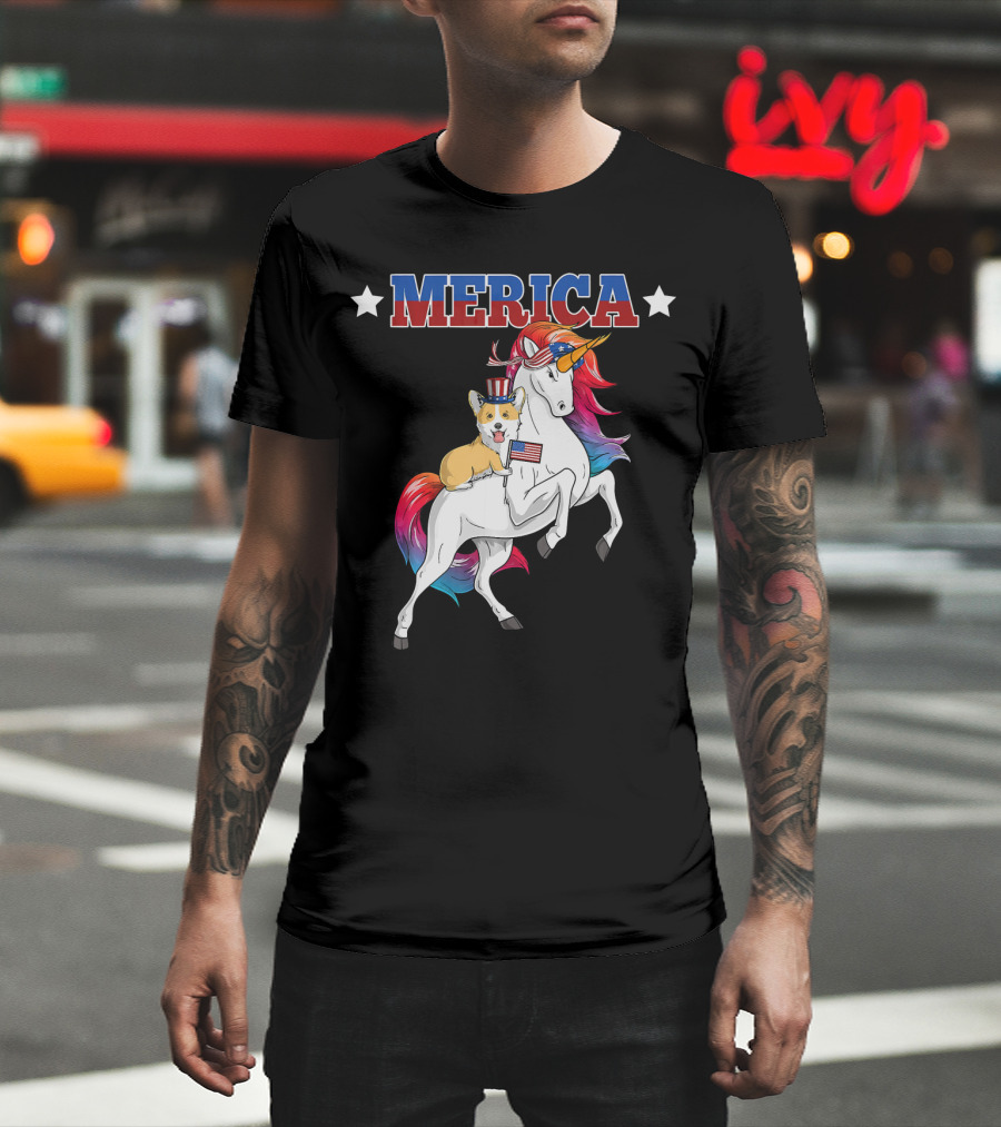 MERICA Corgi Dog Riding Unicorn With American Flag USA T-Shirt