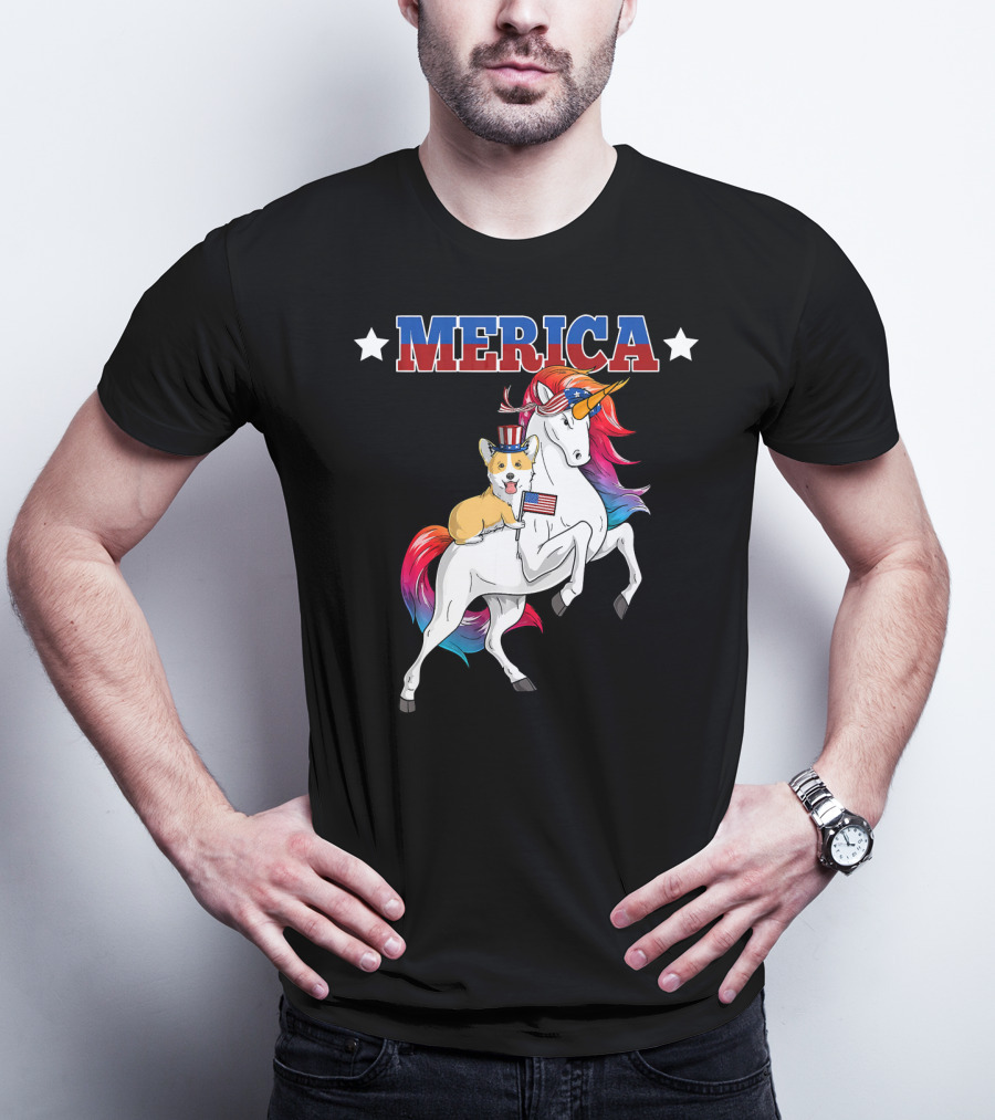MERICA Corgi Dog Riding Unicorn With American Flag USA T-Shirt