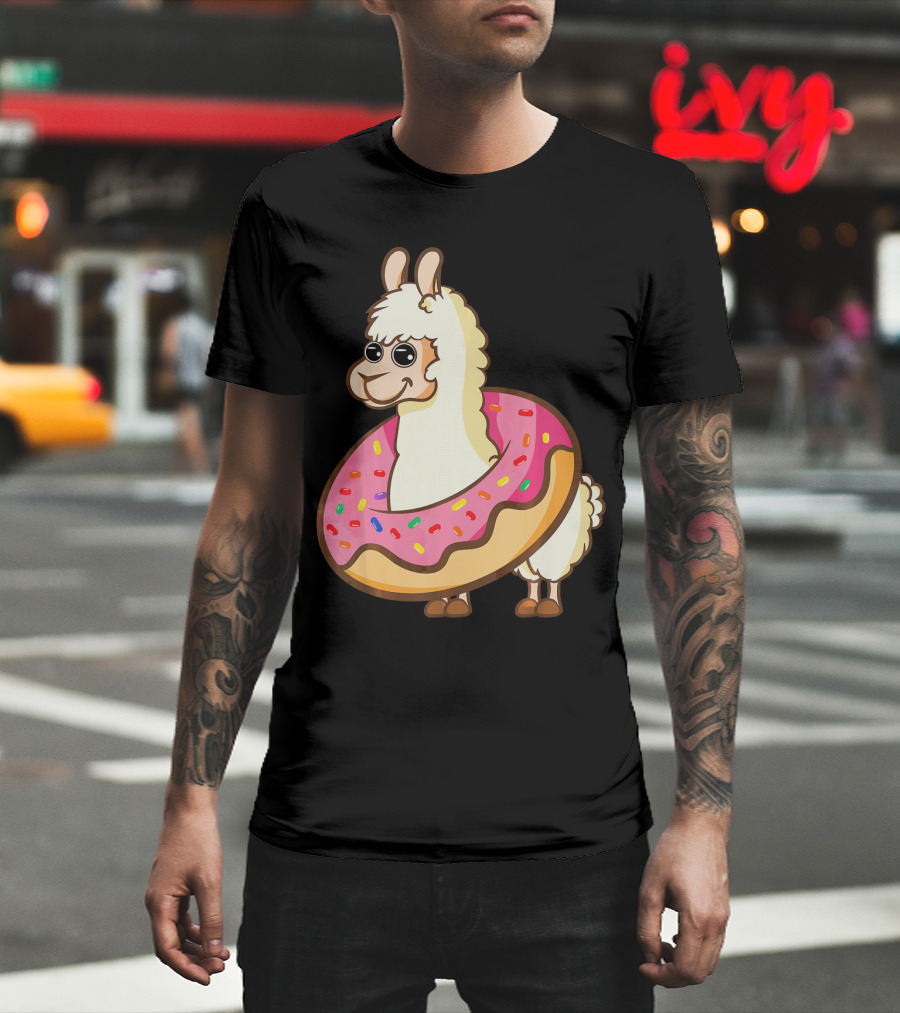Cute Funny Llama With Sprinkled Donut Tube T-Shirt