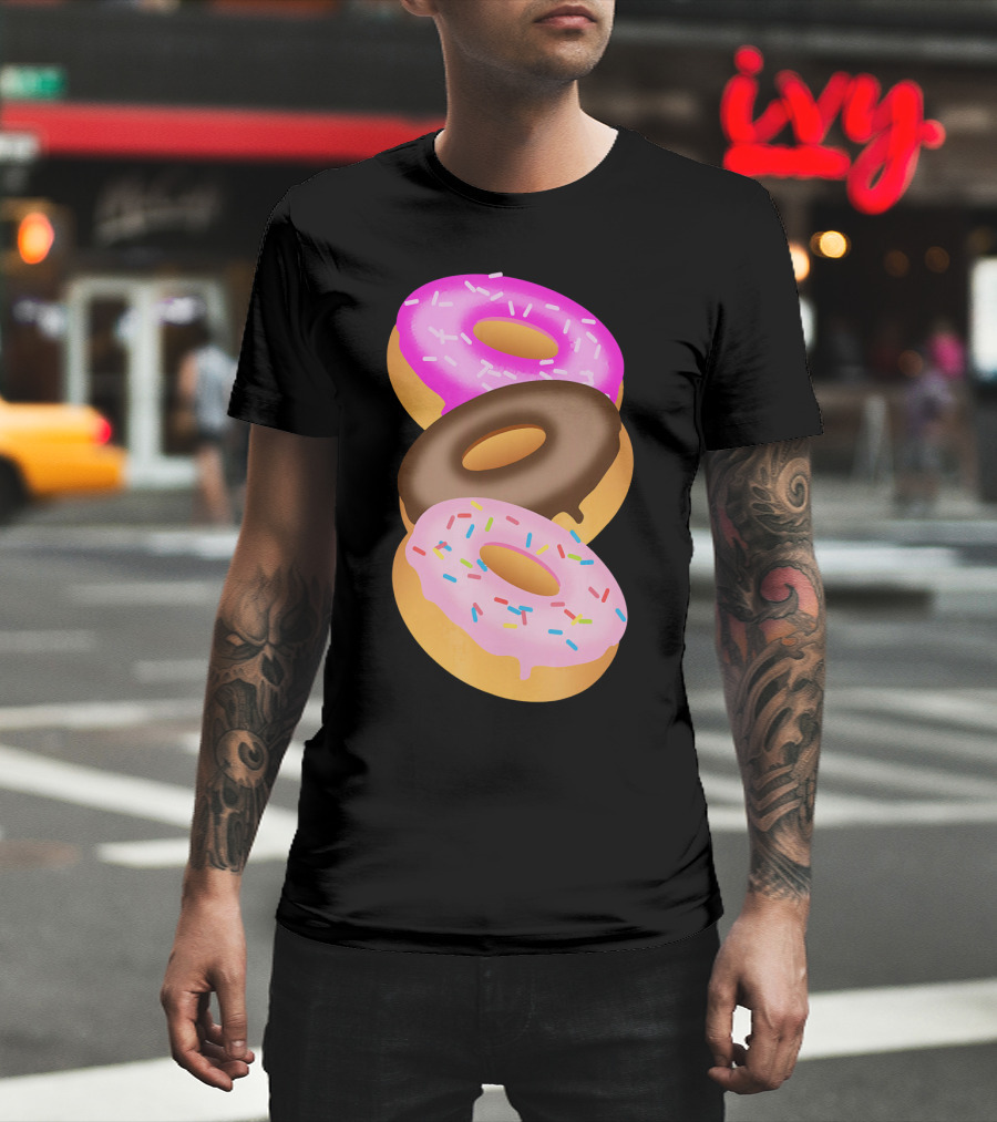 Donuts Doughnut Confection Pink Chocolate Frosted Doughnut Trio T-Shirt