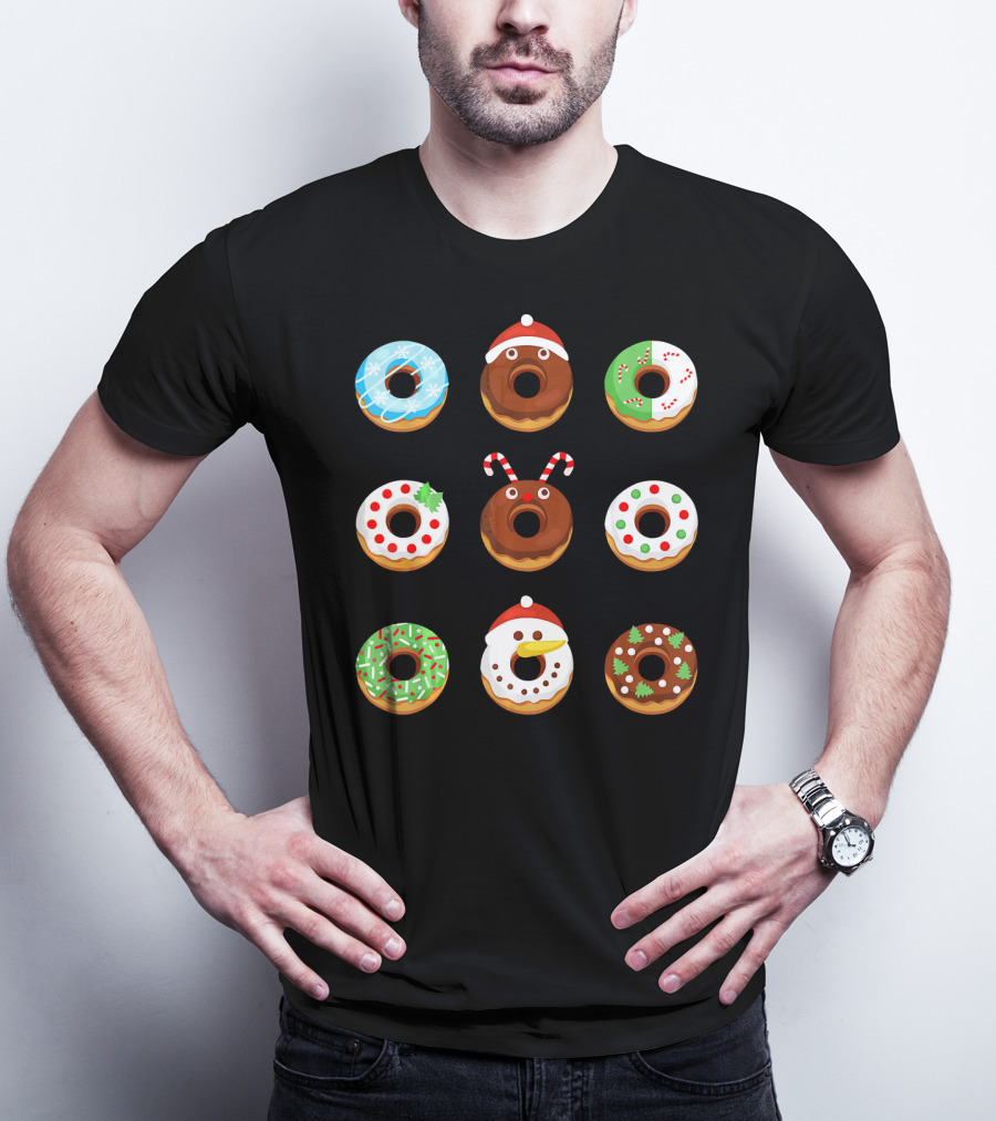 Christmas Donut Snowflakes Santa Candy Canes Holly Wreath Trees Snowman T-Shirt