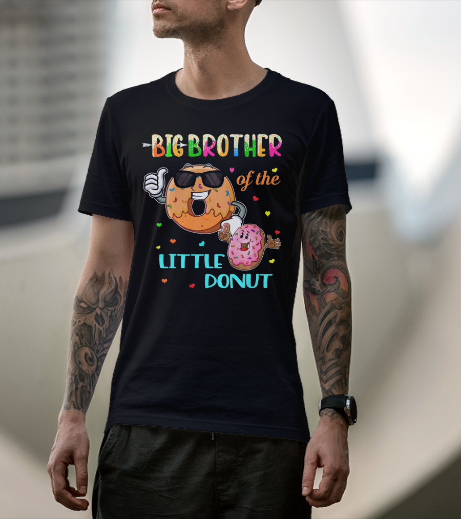 BIG BROTHER OF THE LITTLE DONUT WITH COLORFUL HEARTS AND CARTOON CHARACTERS T-Shirt