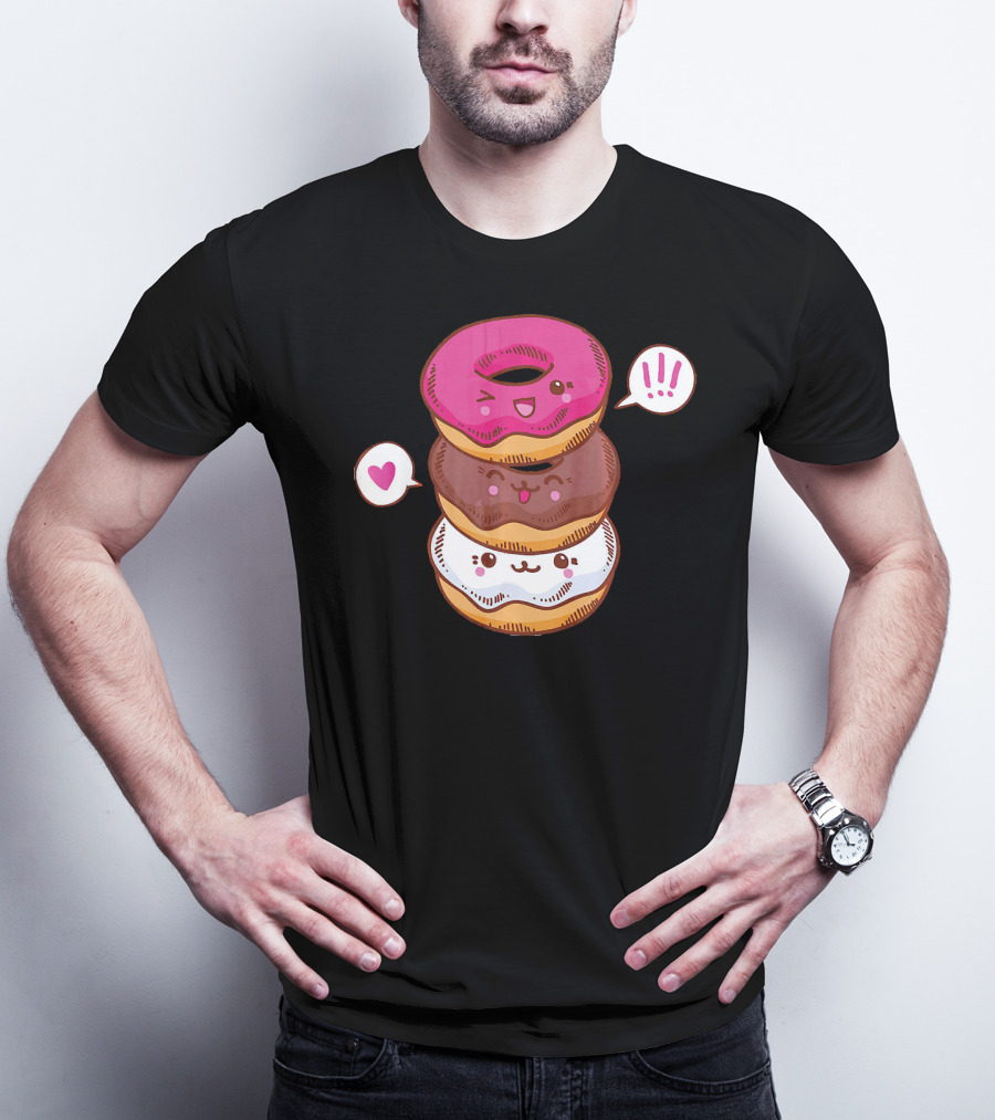 Kawaii Cheerleading Donut Stack With Cute Expressions And Heart Speech Bubbles T-Shirt