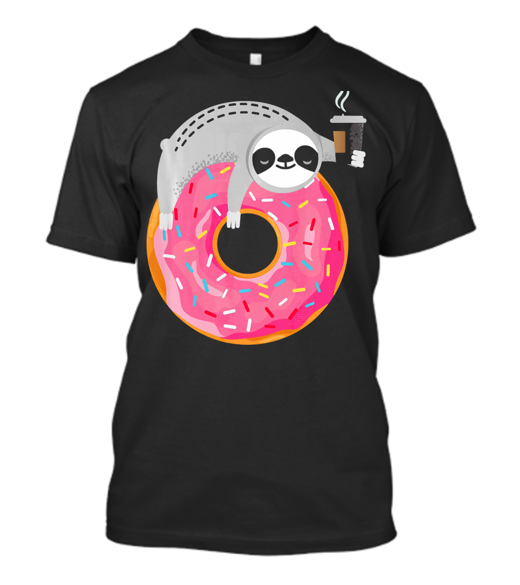 Sloth Relaxing On Sprinkled Donut Holding Steaming Coffee Cup T-Shirt