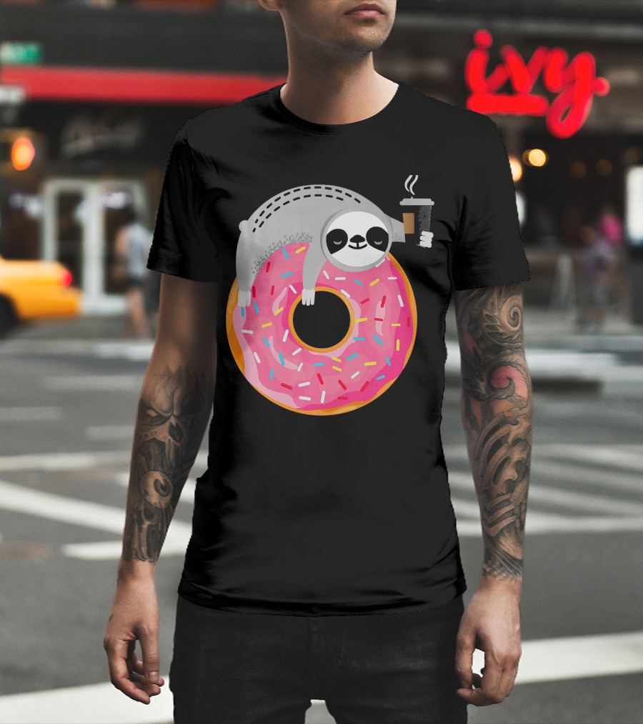 Sloth Relaxing On Sprinkled Donut Holding Steaming Coffee Cup T-Shirt
