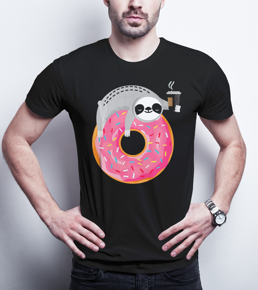 Sloth Relaxing On Sprinkled Donut Holding Steaming Coffee Cup T-Shirt