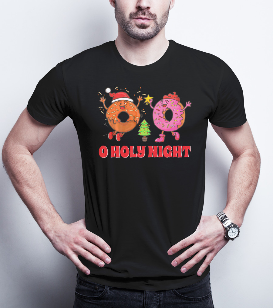 O Holy Night Christmas Donuts With Santa Hat And Tree T-Shirt