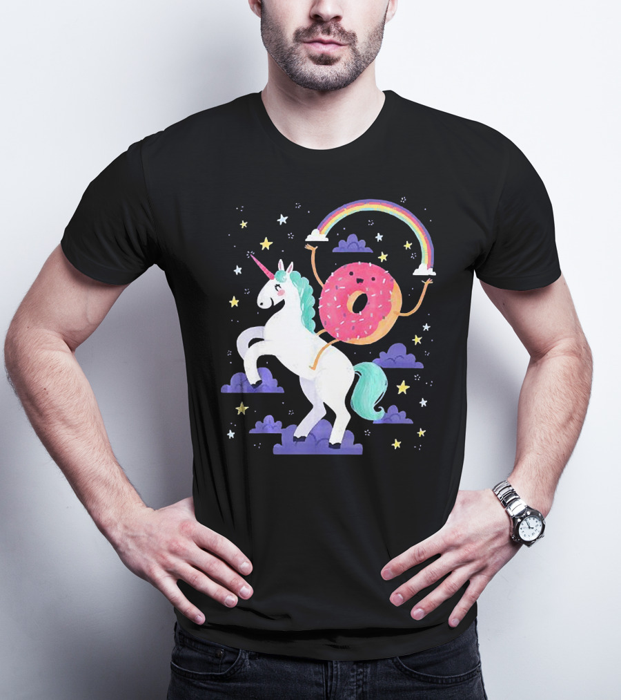 Donut Riding Unicorn With Rainbow And Stars T-Shirt