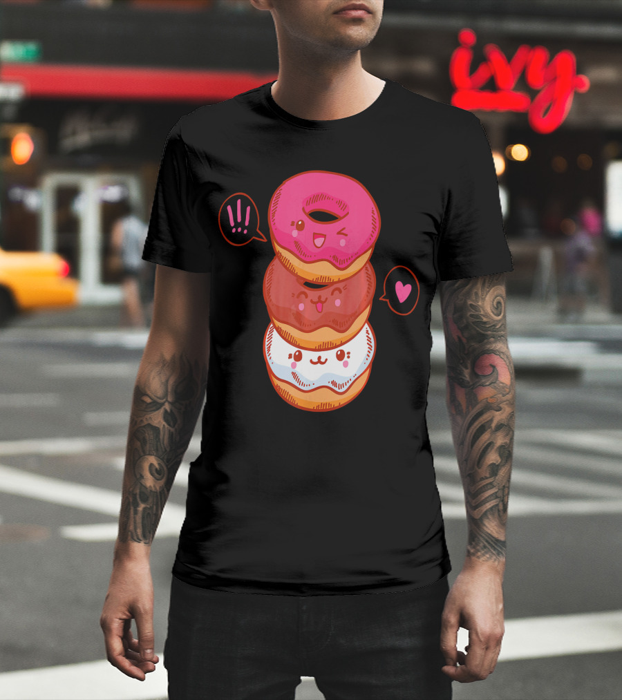 Kawaii Donuts Stack With Cute Faces And Heart T-Shirt