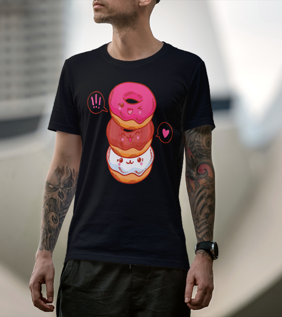 Kawaii Donuts Stack With Cute Faces And Heart T-Shirt
