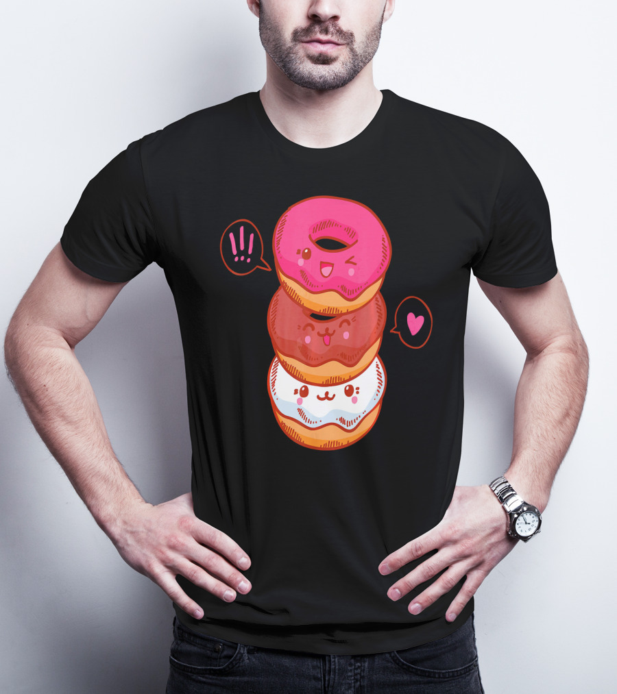 Kawaii Donuts Stack With Cute Faces And Heart T-Shirt