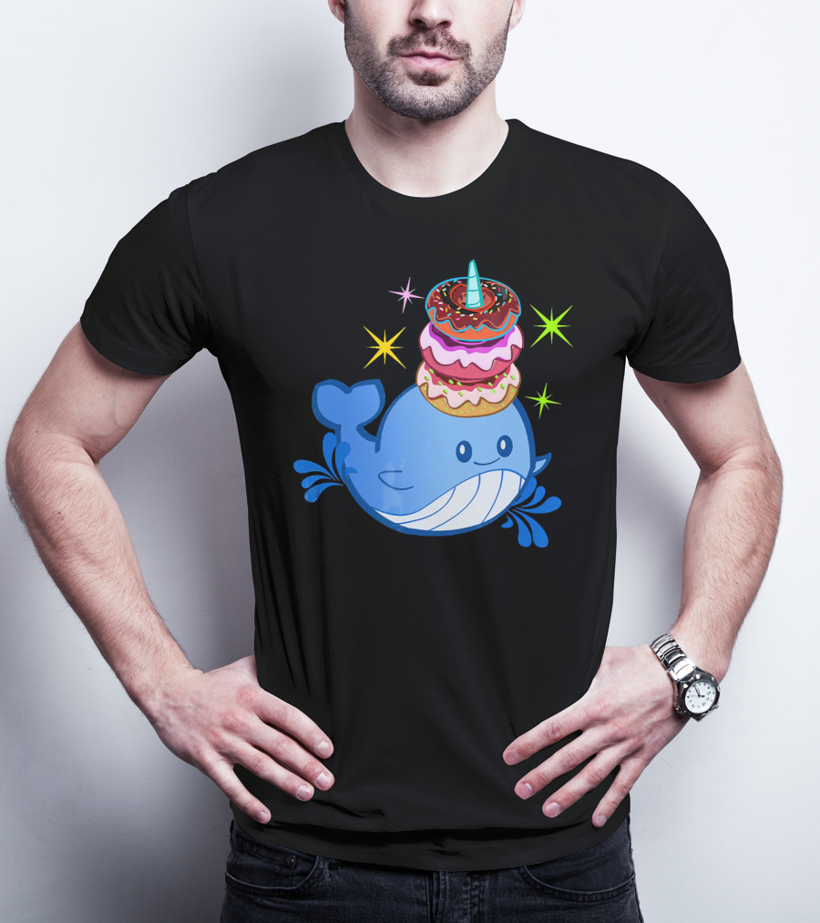 Cute Narwhal Balancing Colorful Donuts T-Shirt