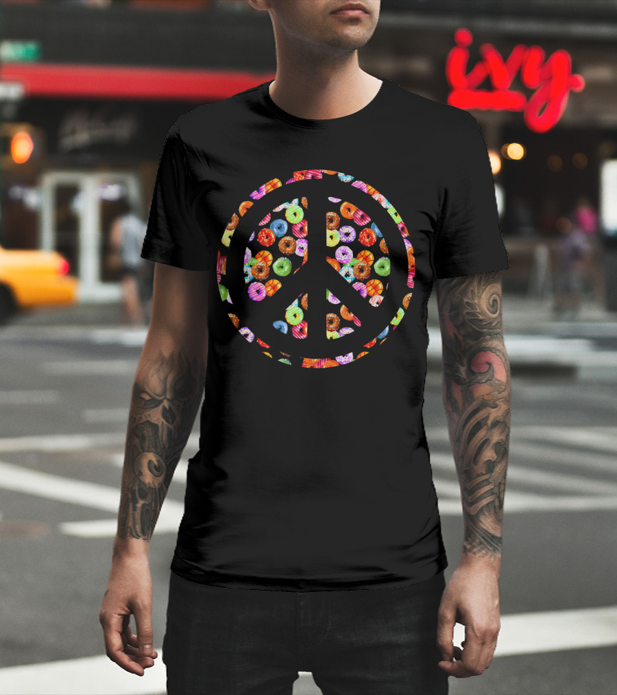 Funny Flower Power PEACE Sign Yummy Donuts T-Shirt