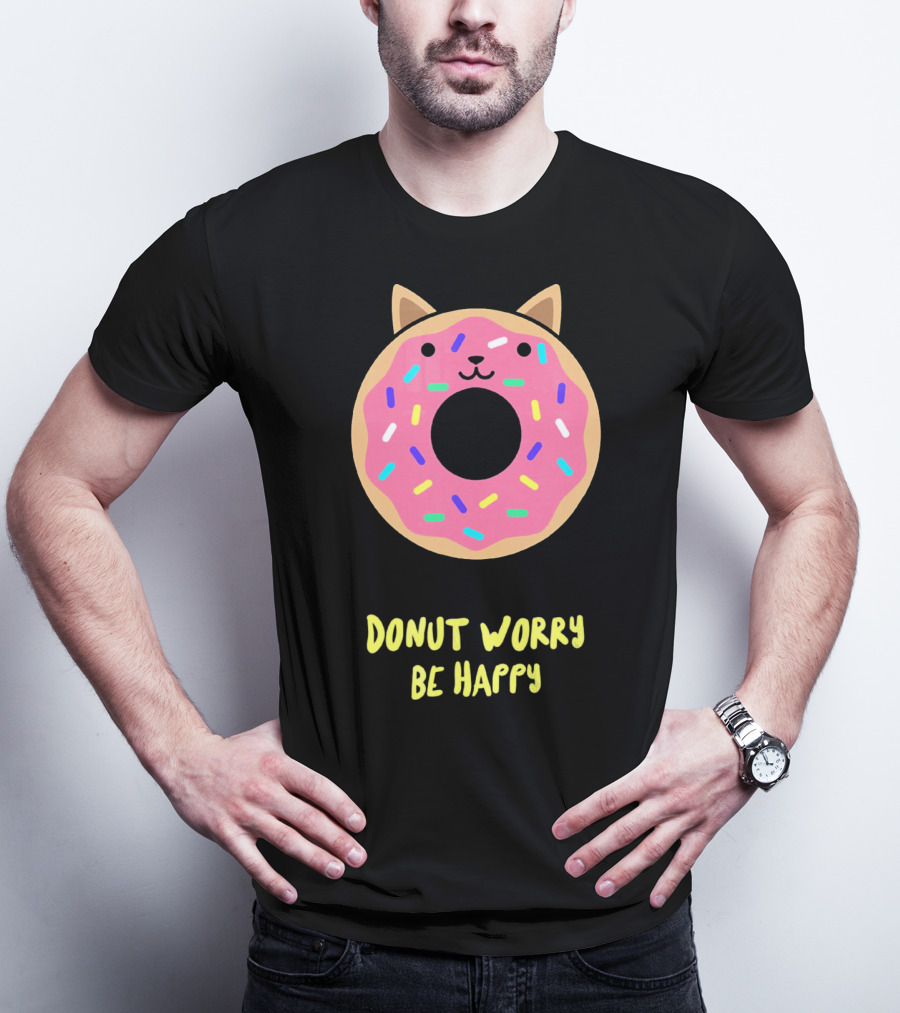 Kawaii Japanese Anime Pink Sprinkle Cat Donut Worry Be Happy T-Shirt