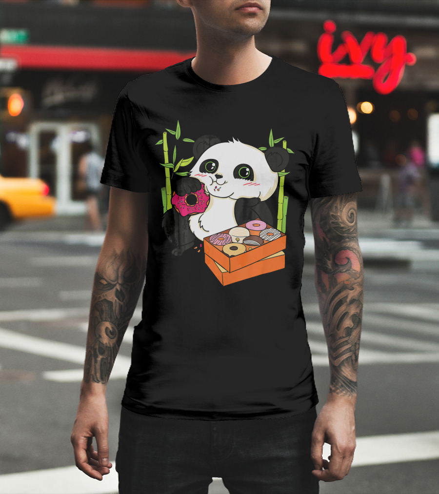 Panda Enjoying Box Of Colorful Donuts With Bamboo Background T-Shirt