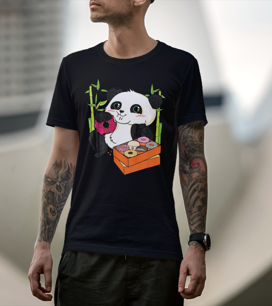 Panda Enjoying Box Of Colorful Donuts With Bamboo Background T-Shirt